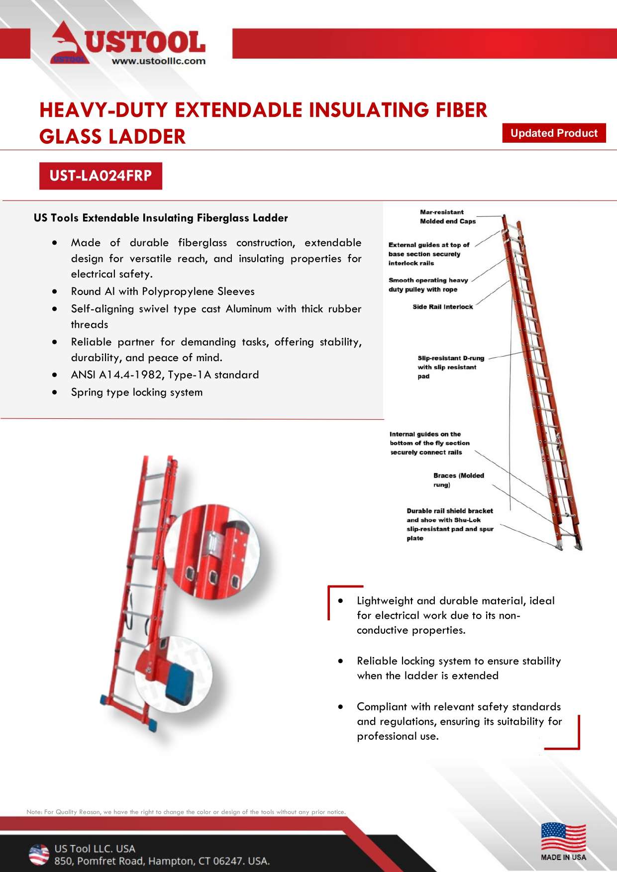 UST-LA024FRP Heavy-Duty Extendable Insulating Fiber Glass Ladder